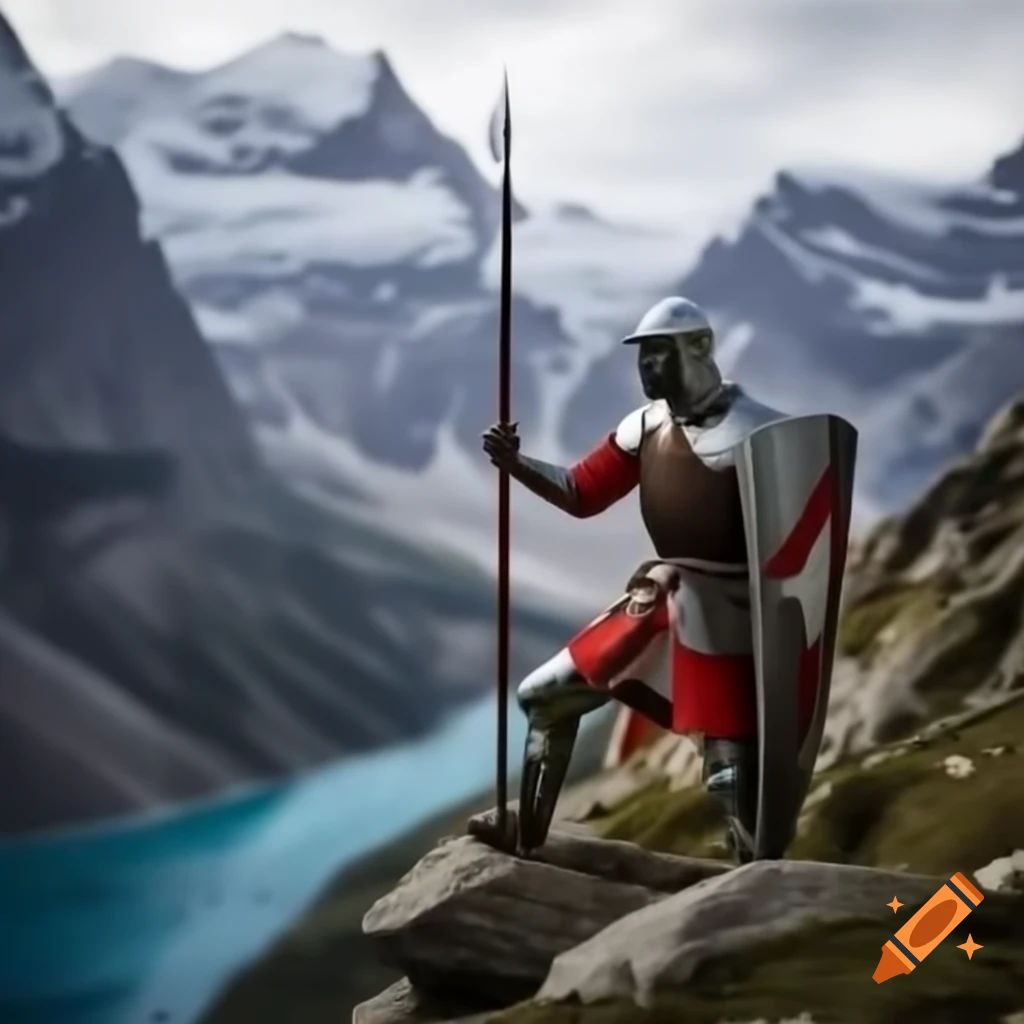 Swedish knight armor with hooked spear near mountain goats on alpine ...