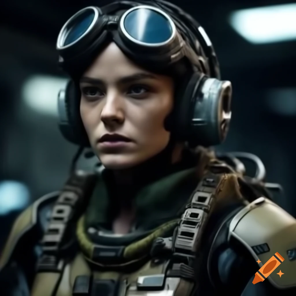 Futuristic battle-scarred female fighter pilot on Craiyon