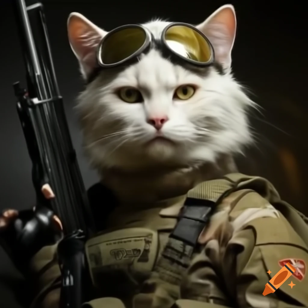 Hyper-realistic white cat in soldier uniform with gun and grenades on ...