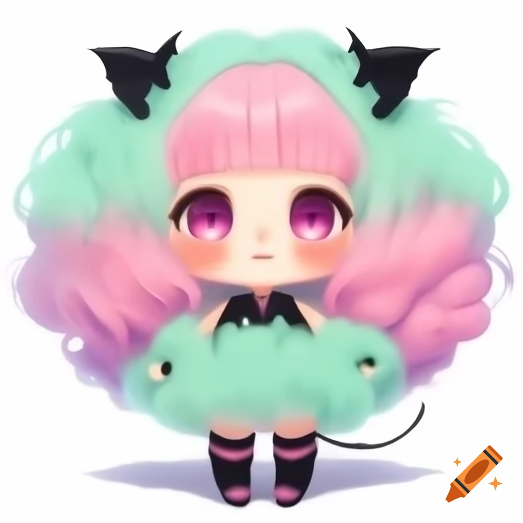 Chibi anime character with fluffy pastel pink and mint green hair ...