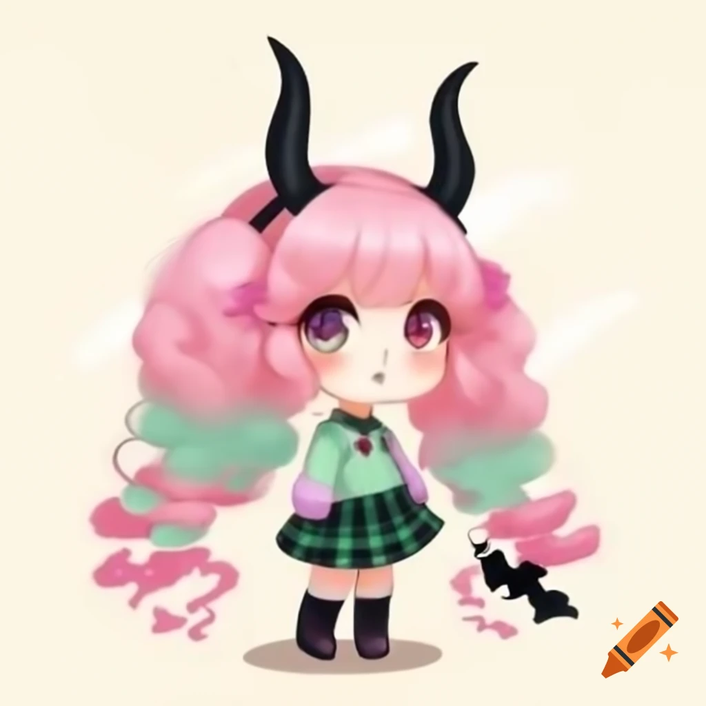 Chibi anime character with fluffy pastel pink and mint green hair ...