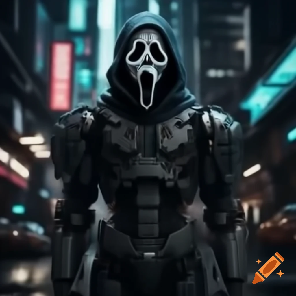 GhostFace robot armor in futuristic Cyberpunk city on Craiyon