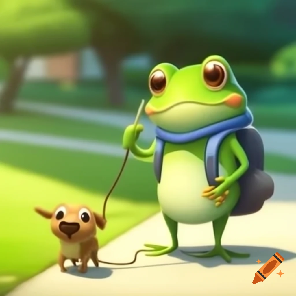 Cartoon frog walking a small dog in suburban park on Craiyon