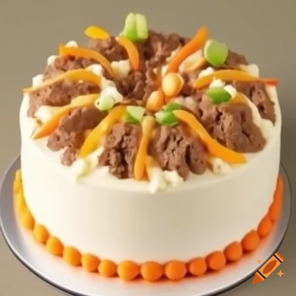 Frosted cake made with beef, cheese, onions, and green peppers on Craiyon