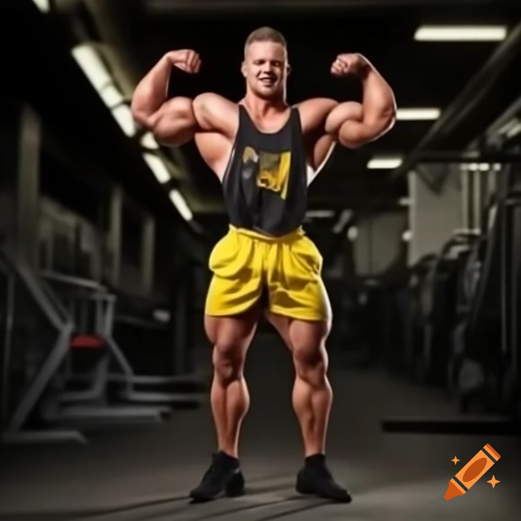 Man showcasing leg muscles in vibrant black and yellow gym attire on ...