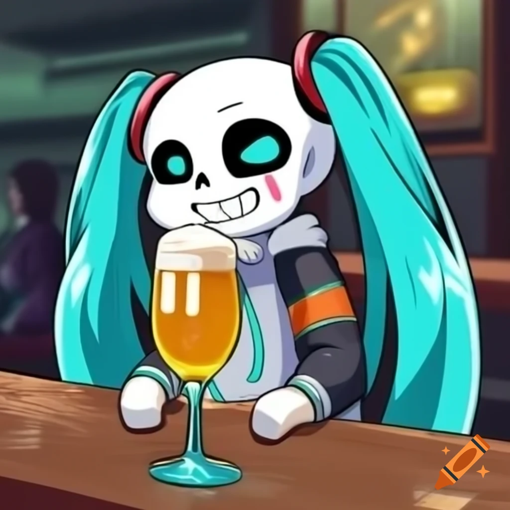 Sans from undertale and hatsune miku enjoying a drink together on Craiyon