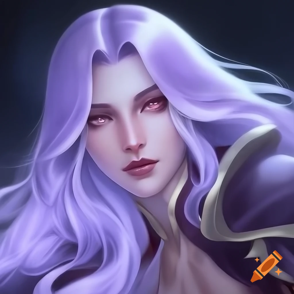 Ethereal maiden heroine with silver lavender hair in ornate boudoir painting on Craiyon