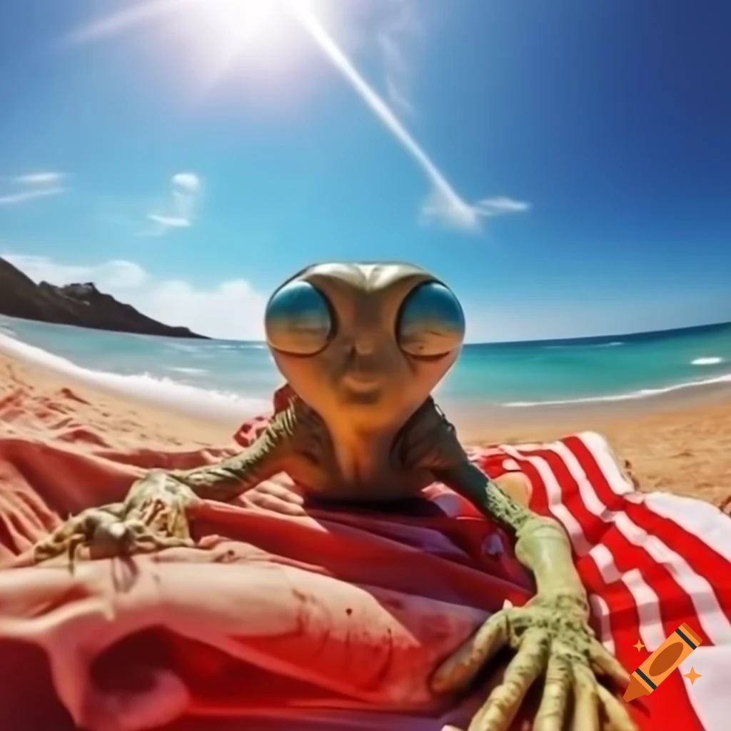 Alien relaxing on beach with red and white striped towel under vibrant ...