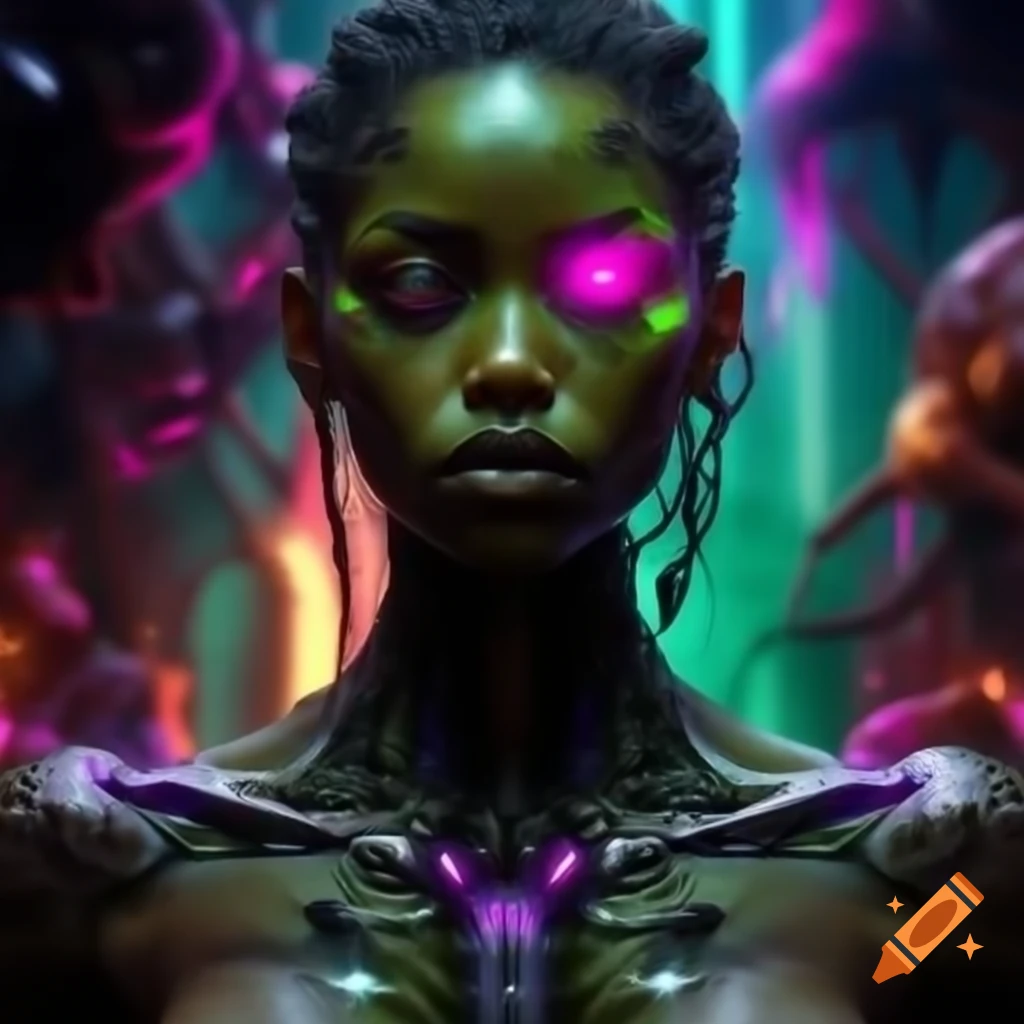 Close-up of feminine figure with cybernetic features and glowing veins ...
