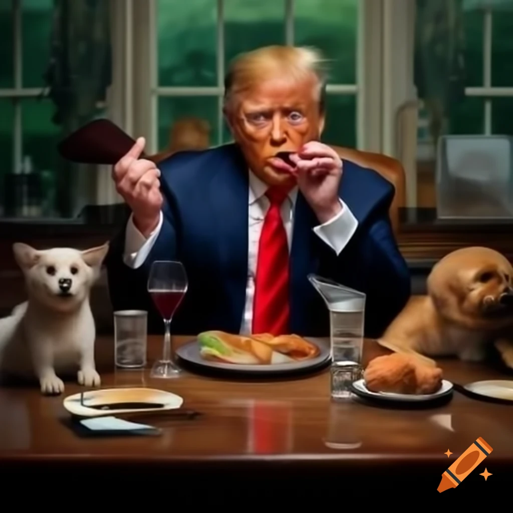 Humans under dining table while Donald Trump eats with cats, dogs, and ...