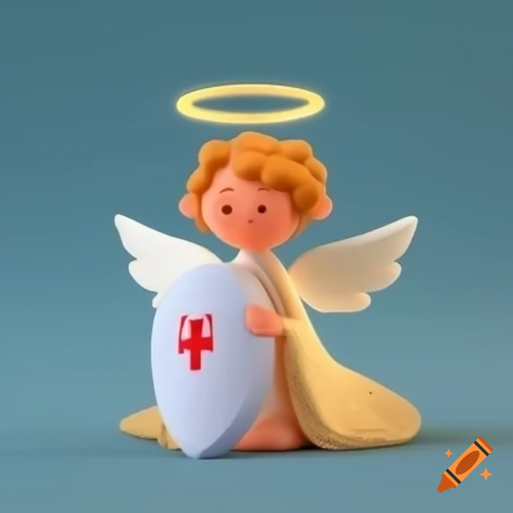 Cartoon angel hiding behind shield, evoking a playful defense against ...