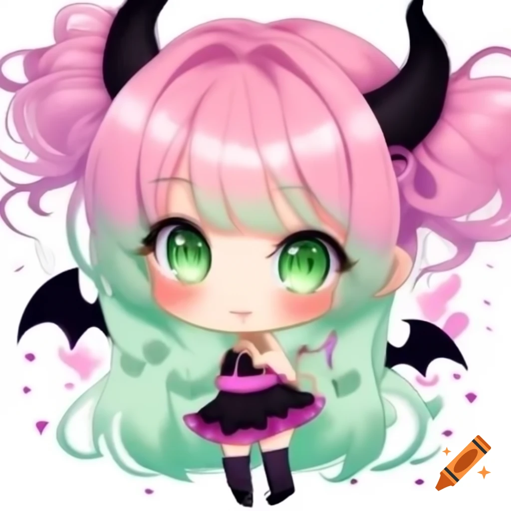 Chibi anime character with fluffy pastel pink and mint green hair ...
