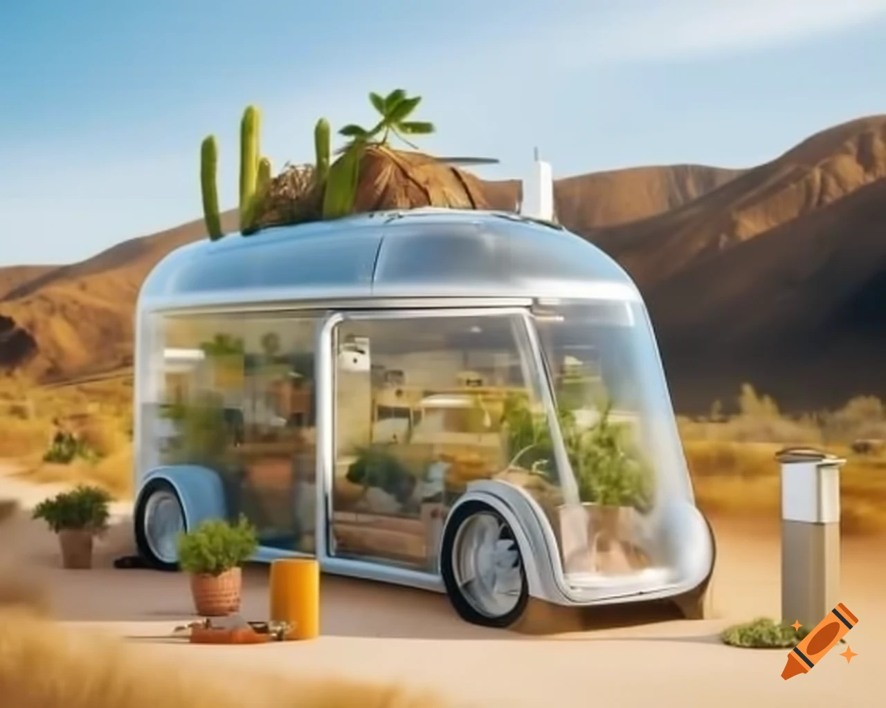 Surreal transparent solarpunk tesla truck showcasing internal plants ...