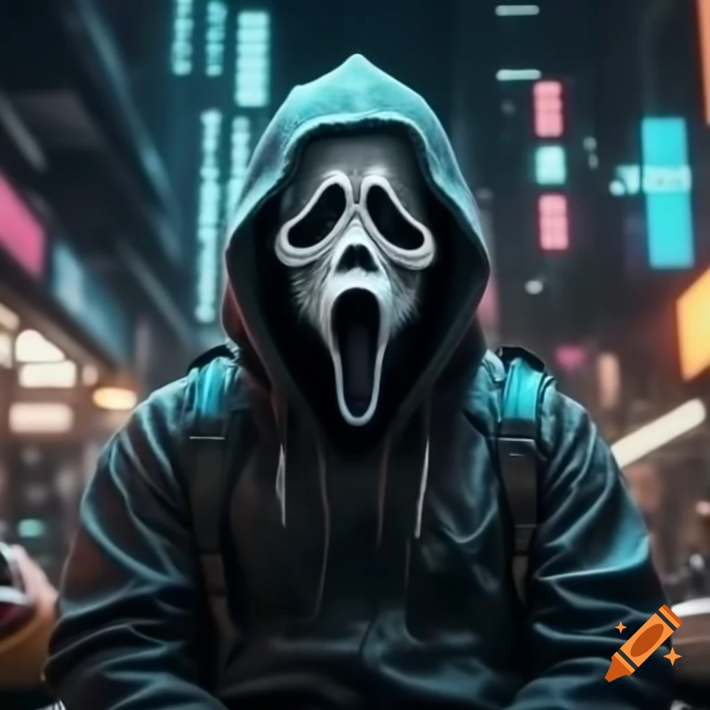 GhostFace in cyberpunk attire within a futuristic city on Craiyon