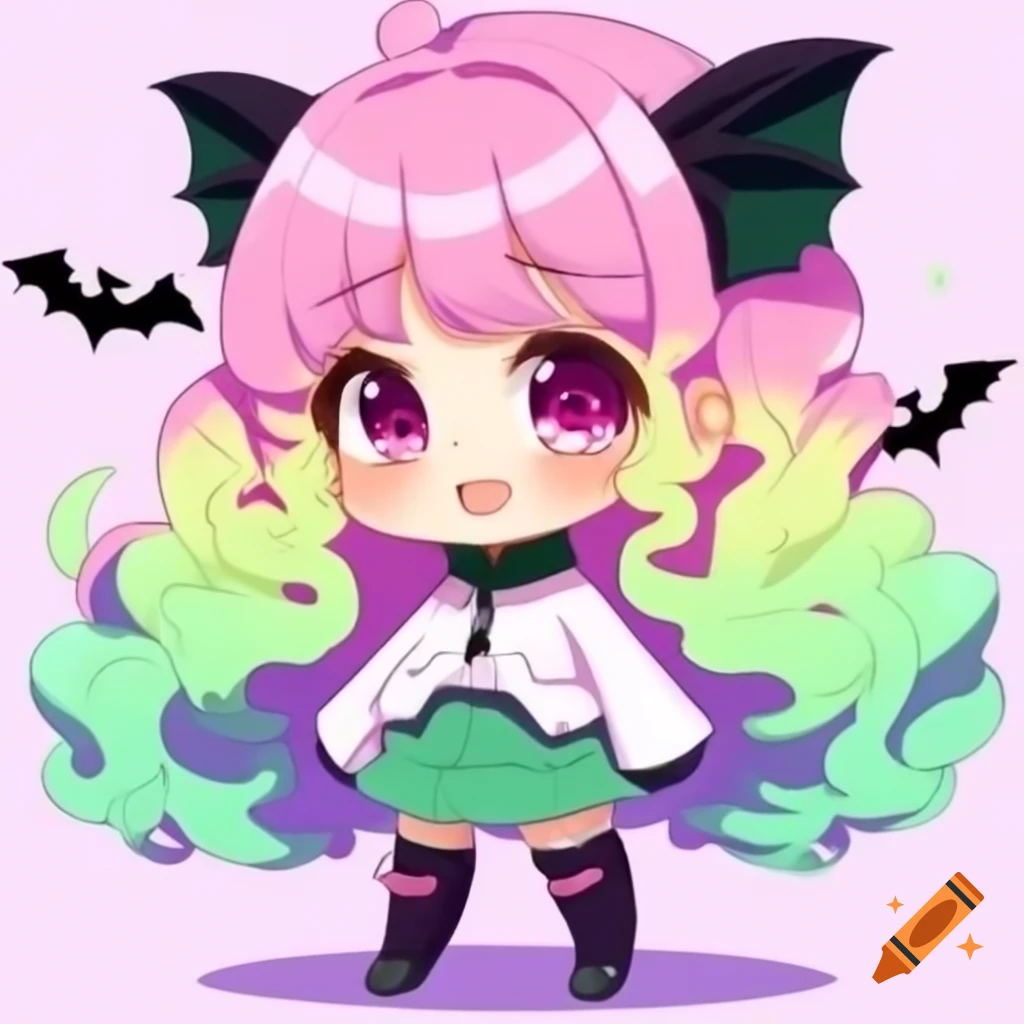 Chibi anime character with fluffy pastel pink and mint green hair ...