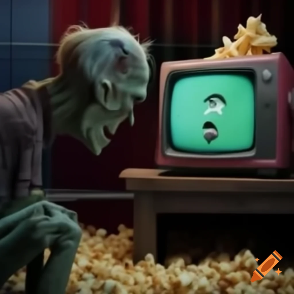 Zombie watching television with popcorn beside it on Craiyon