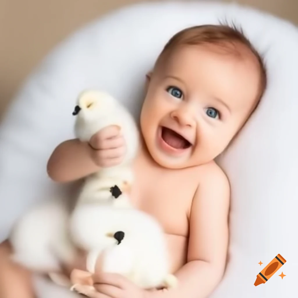 Happy healthy baby surrounded by bio baby care products and cute chicks ...