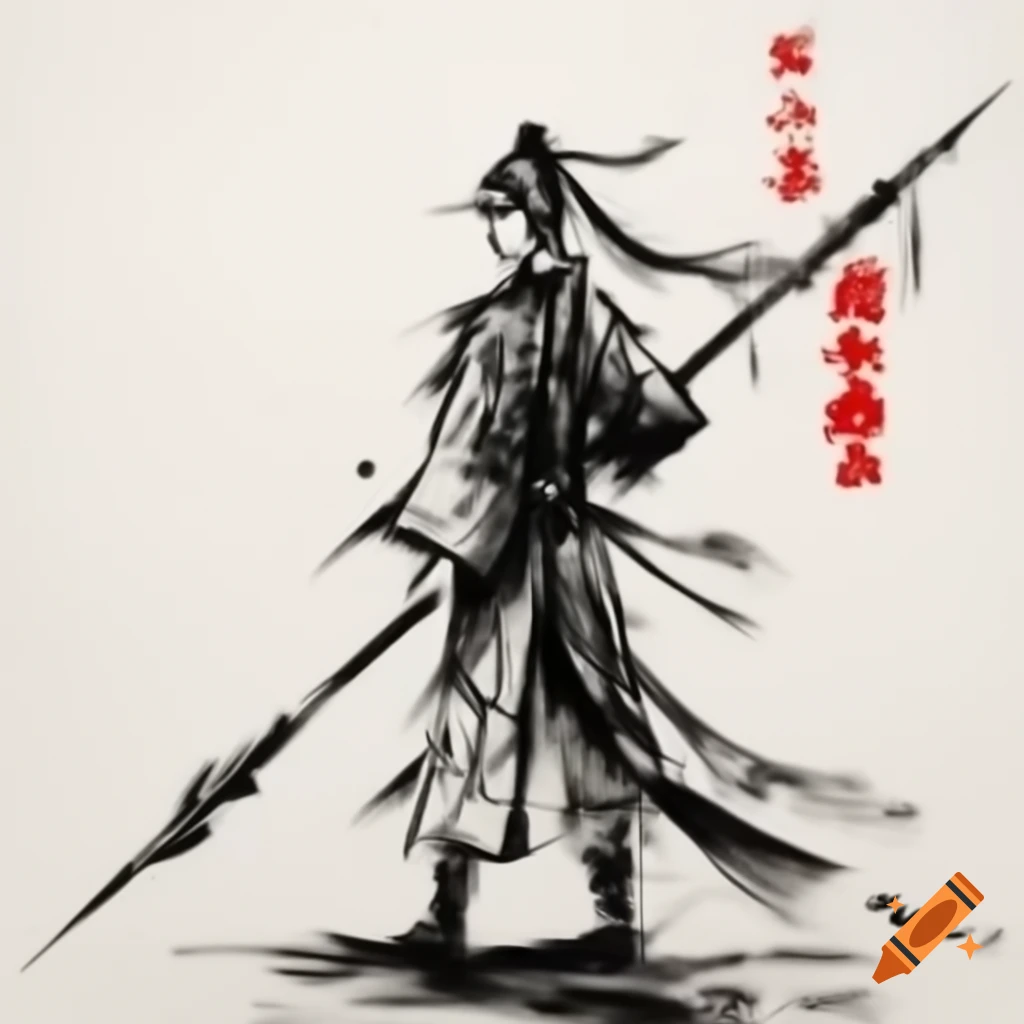 Ink painting of traditional Chinese long spear on Craiyon