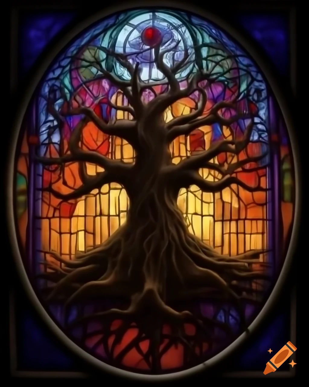 Spooky tree with stained glass, artwork by Greg Rutkowski on Craiyon