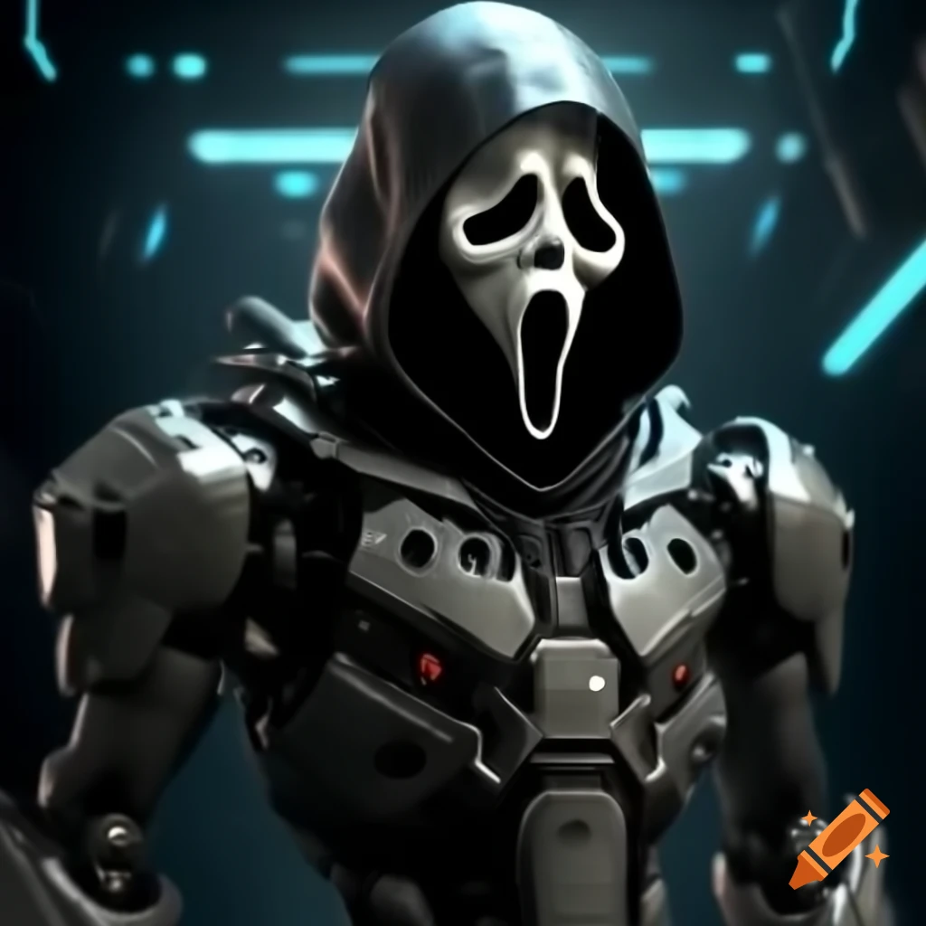GhostFace robot armor designed in cyberpunk style on Craiyon