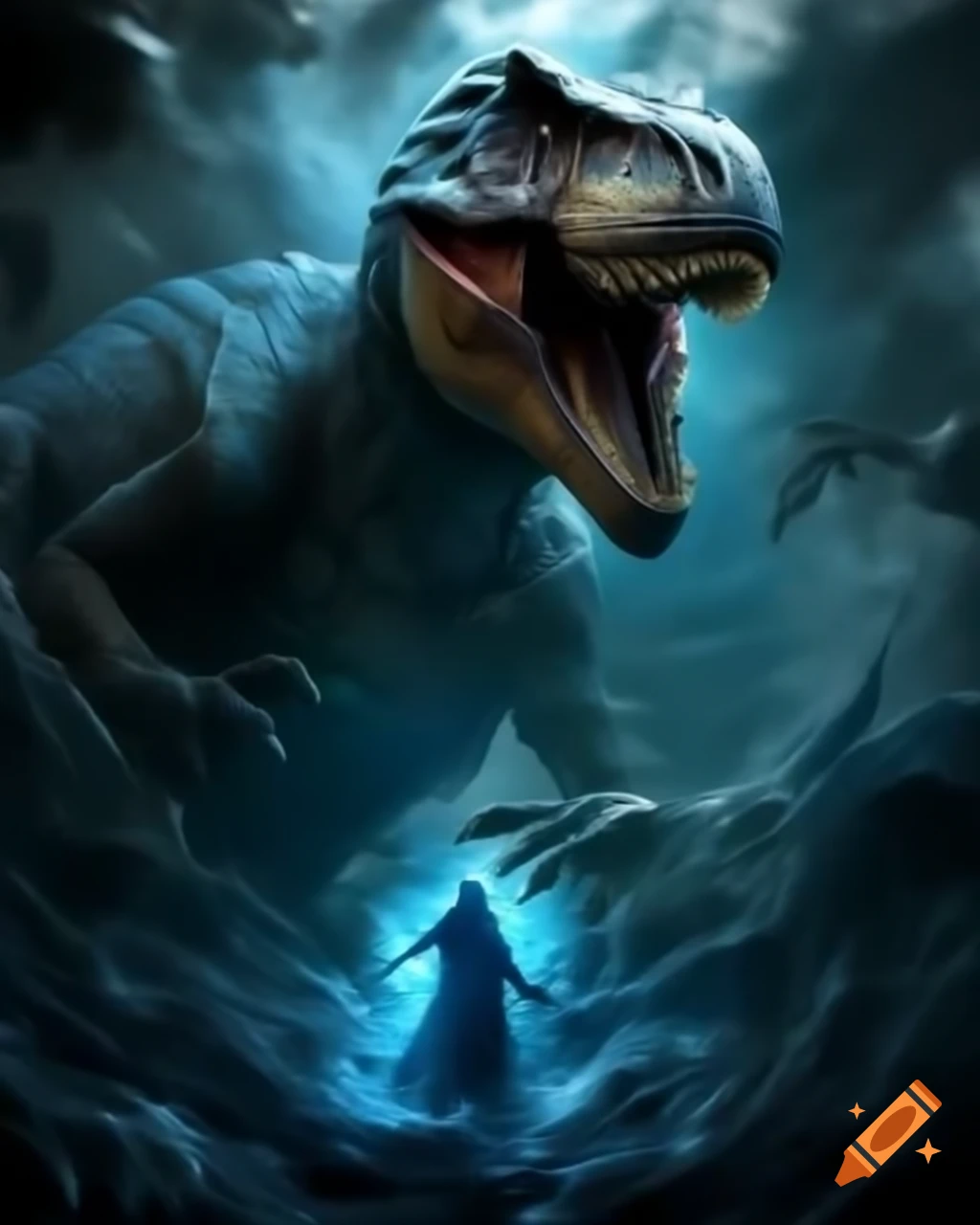 Futurist with holographic display of Tyrannosaurus Rex in hand on Craiyon