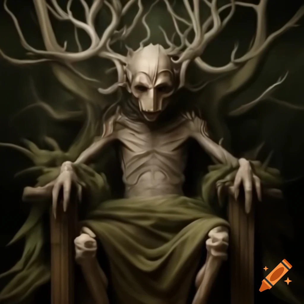 Undead creature with tree-like appearance on throne, inspired by ...