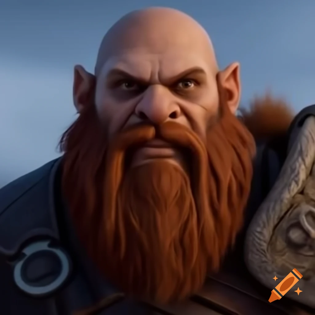 Bald dwarf warrior with auburn beard gazing hopefully at the horizon on ...
