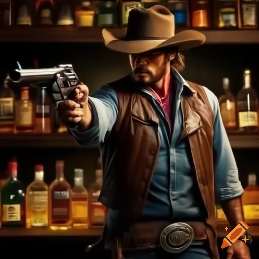 Cowboy in wild west shooting revolver at liquor bottles on Craiyon