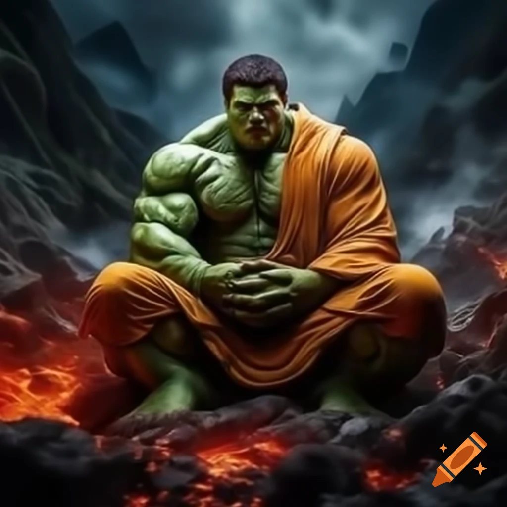 Muscular Hulk character in meditation pose on volcanic mountain with ...