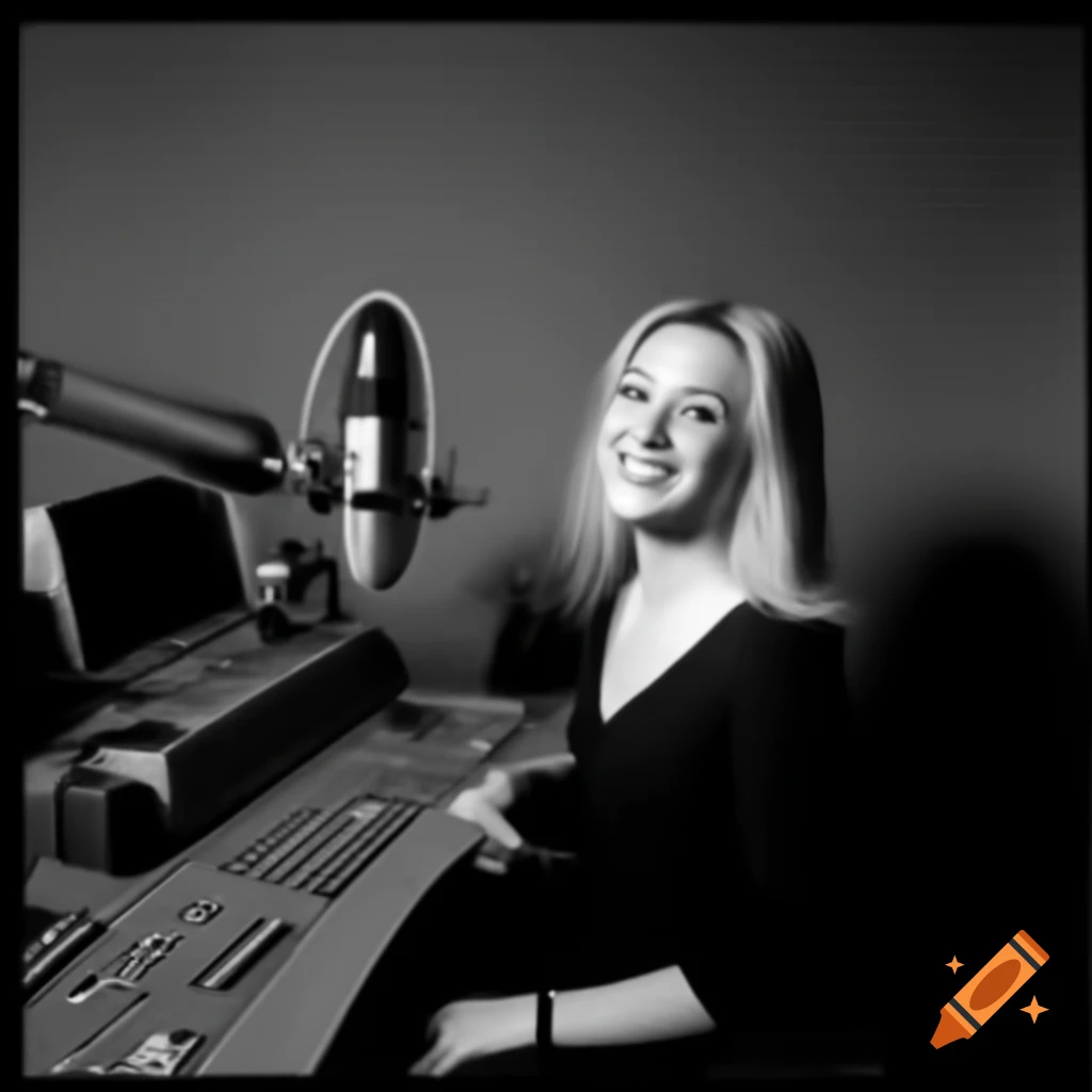 Young blonde woman in radio studio behind microphone, smiling naturally ...