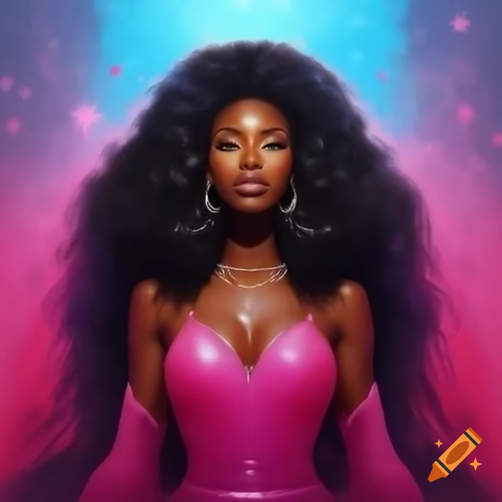 Black Female Singer In Long Flowing Hair Performing On Stage In Pink Glittering Outfit On Craiyon