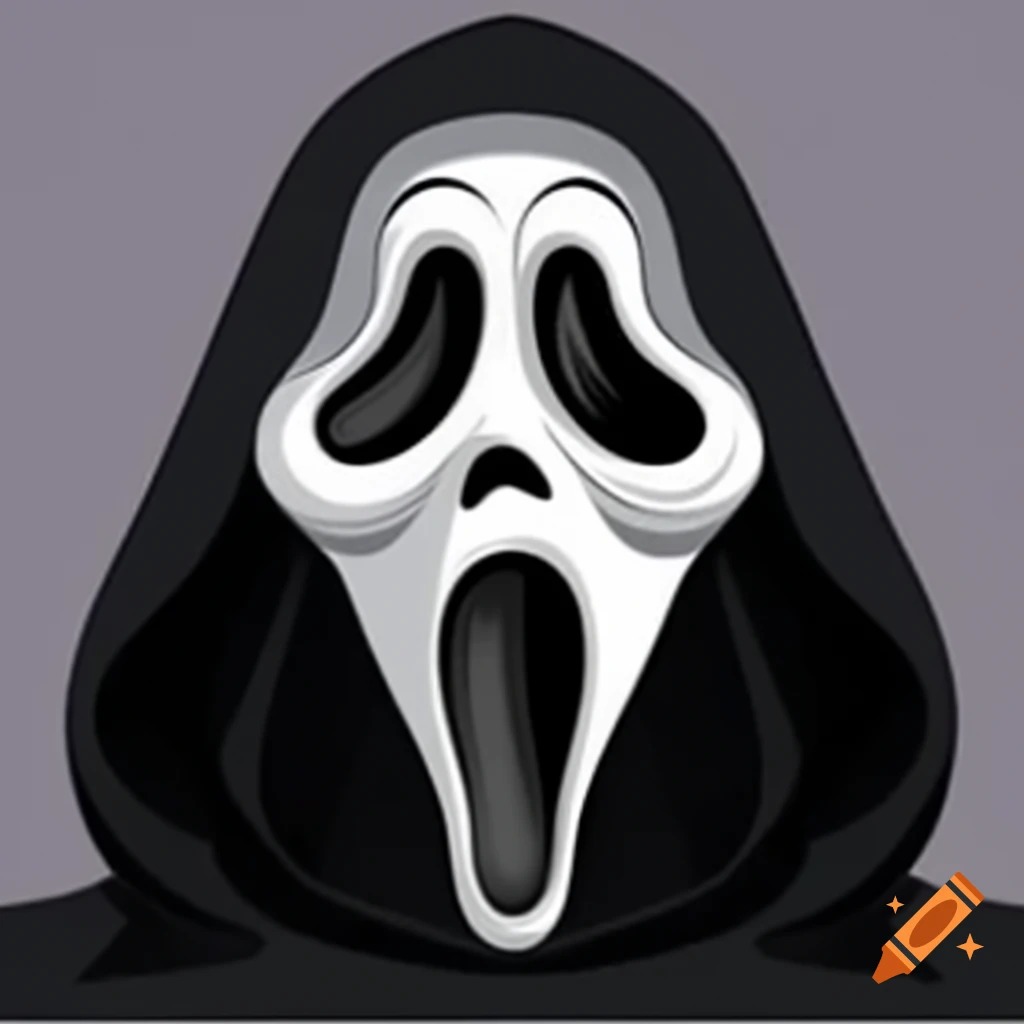 Cartoon version of Ghostface mask from Scream on Craiyon
