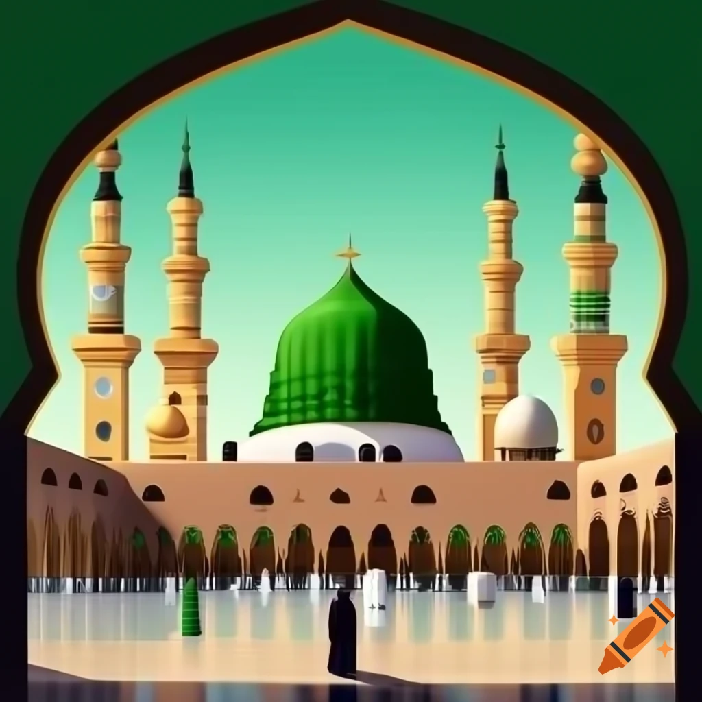 Vector illustration of Madinah Sharif with green dome in Holy Mosque on ...