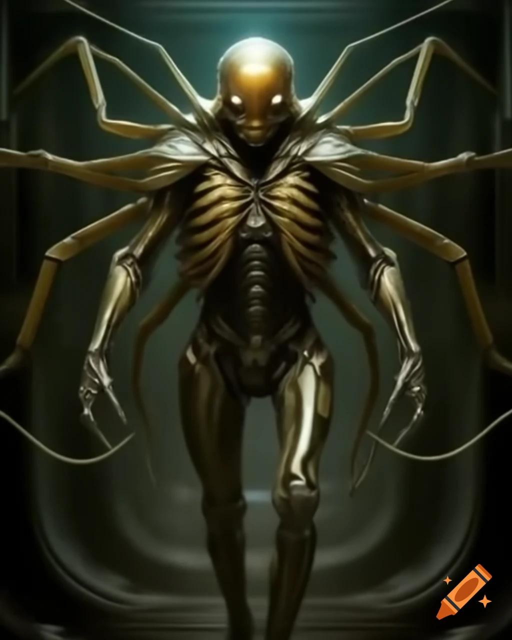 Metallic cockroach approaching a radiant machine, embodying futuristic ...