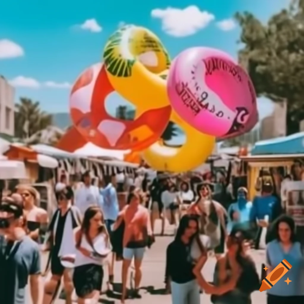 Colorful inflatable rings displayed at marketplace on Craiyon