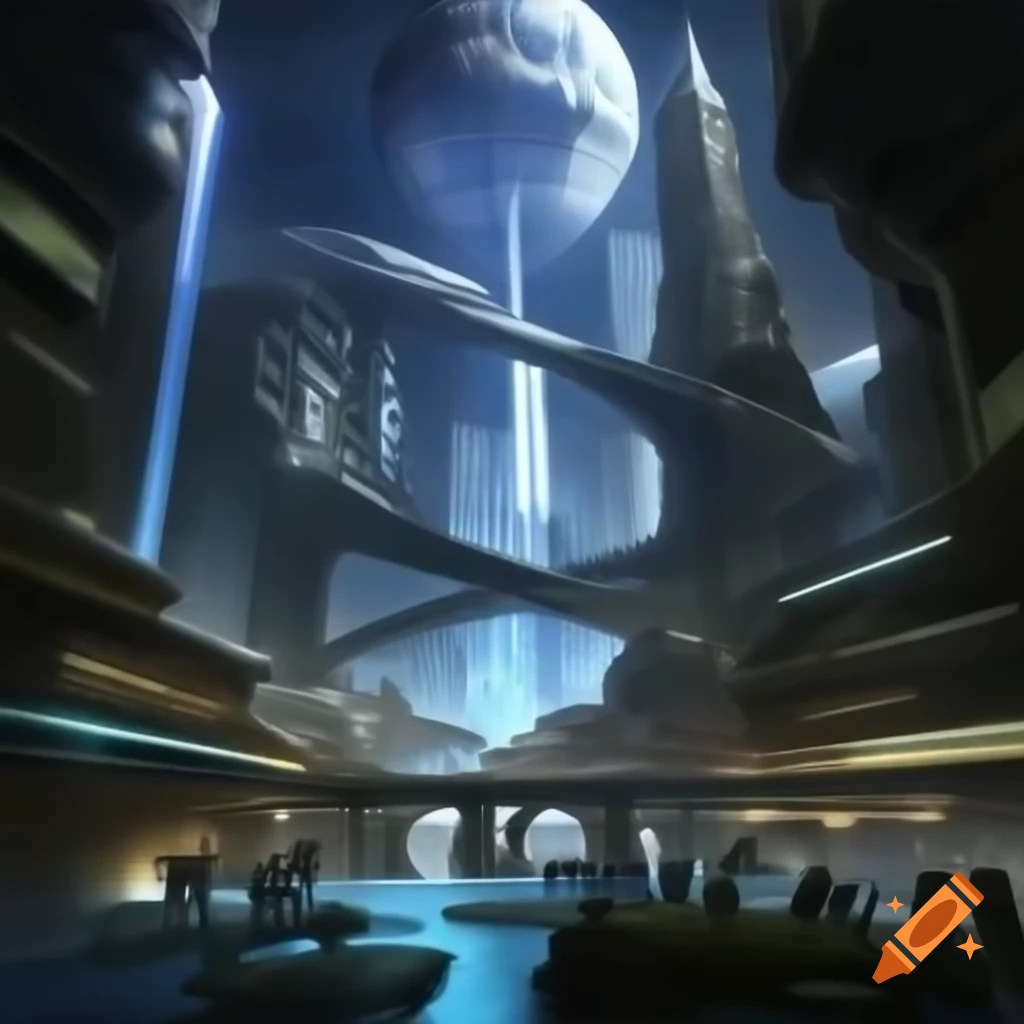 Futuristic alien cityscape with towering spires and floating platforms ...