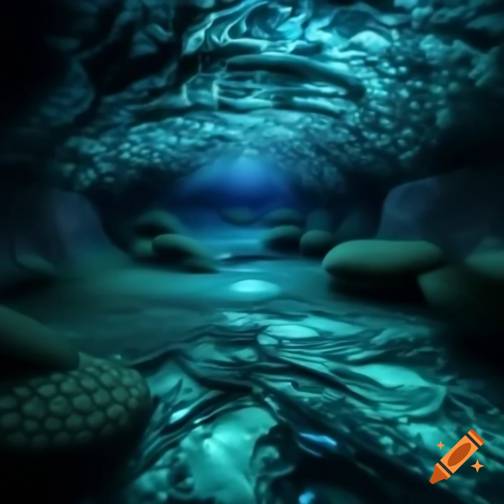 Underground metropolis with crystalline spires and bioluminescent algae ...