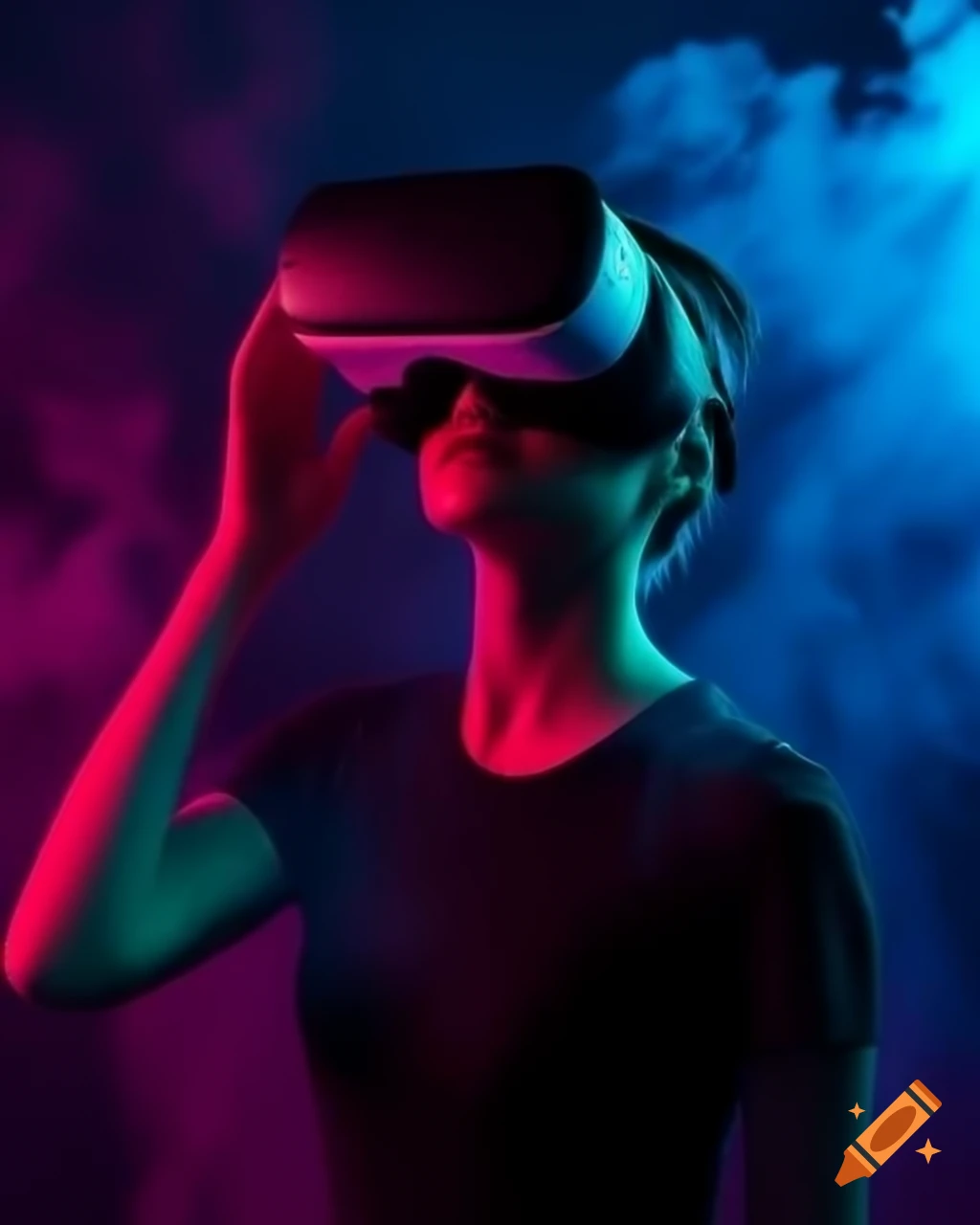 Woman in neon virtual reality glasses surrounded by colorful smoke on ...