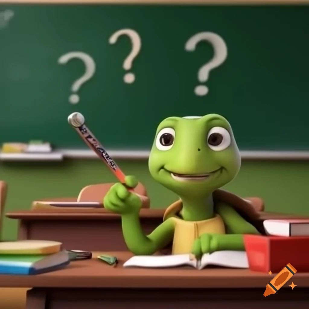 Green turtle studying math at a classroom desk on Craiyon