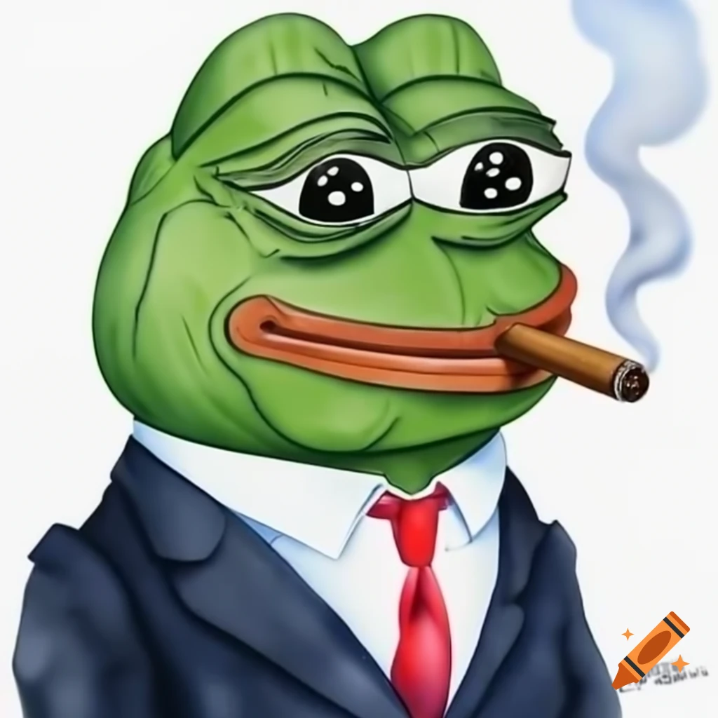 Pepe frog wearing a suit and smoking a cigar on Craiyon
