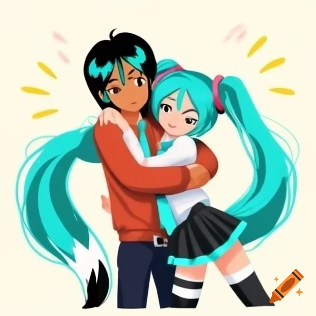 Michael Jackson and Hatsune Miku hugging each other on Craiyon