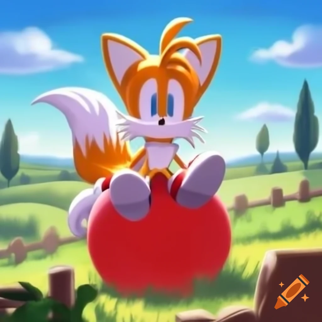 Miles tails prower sitting on red balloon in countryside on Craiyon