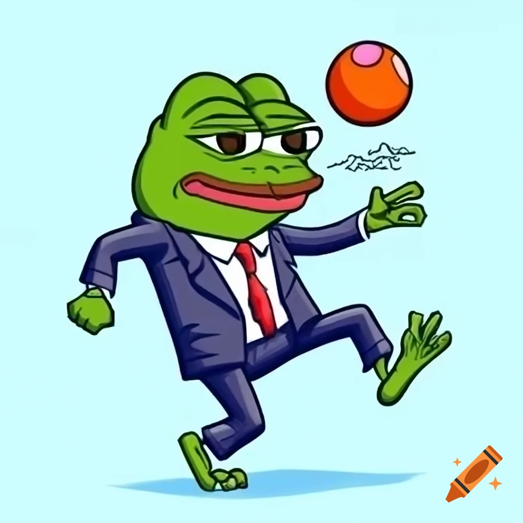 Pepe the frog character in a suit kicking a ball on Craiyon