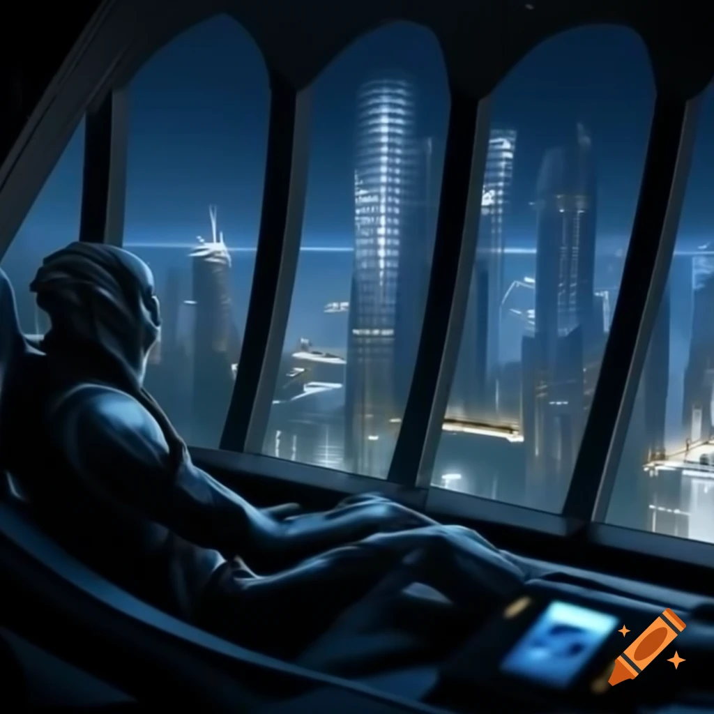 Interior of sci-fi luxury apartment with humanoid looking out at alien ...