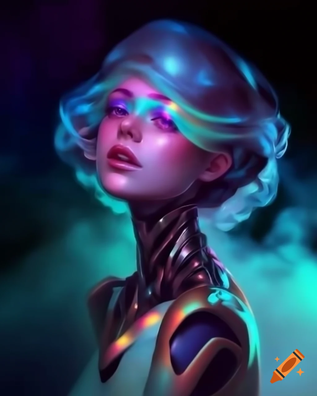 Cyborg portrait in psychedelic dreamscape with neon colors and digital ...