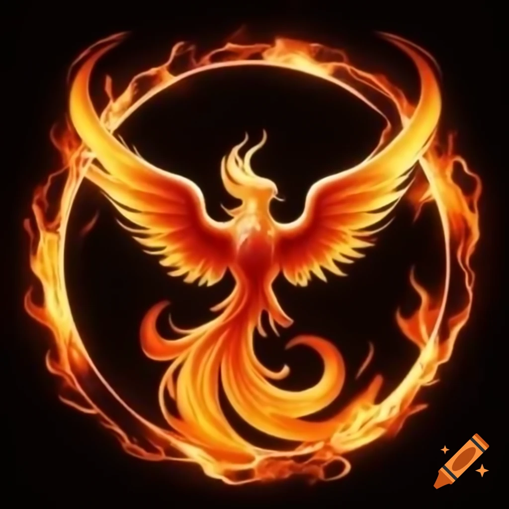 Circular logo design of a phoenix made from flames on Craiyon