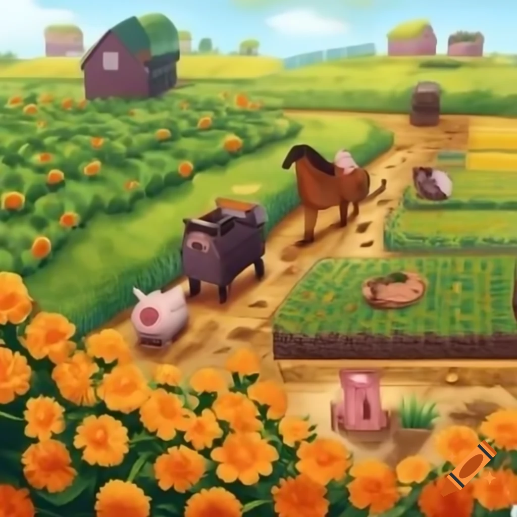 Charming farm scene with dog chasing cat, goats, horse, and pig in mud ...