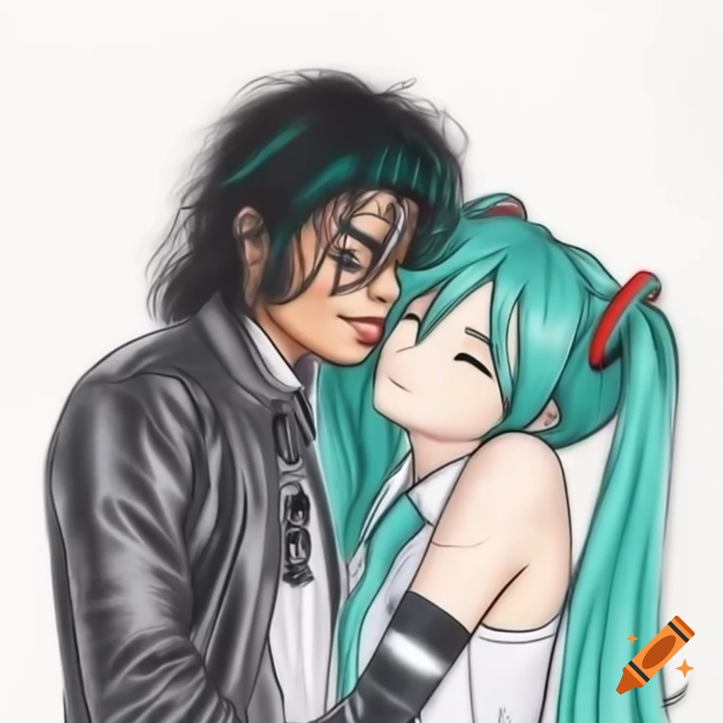 Michael Jackson and Hatsune Miku hugging each other on Craiyon