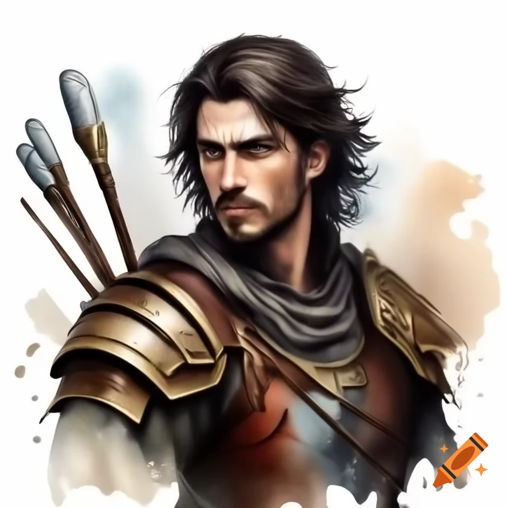 Noble human warrior Kael Goldvale with dark brown hair and piercing ...