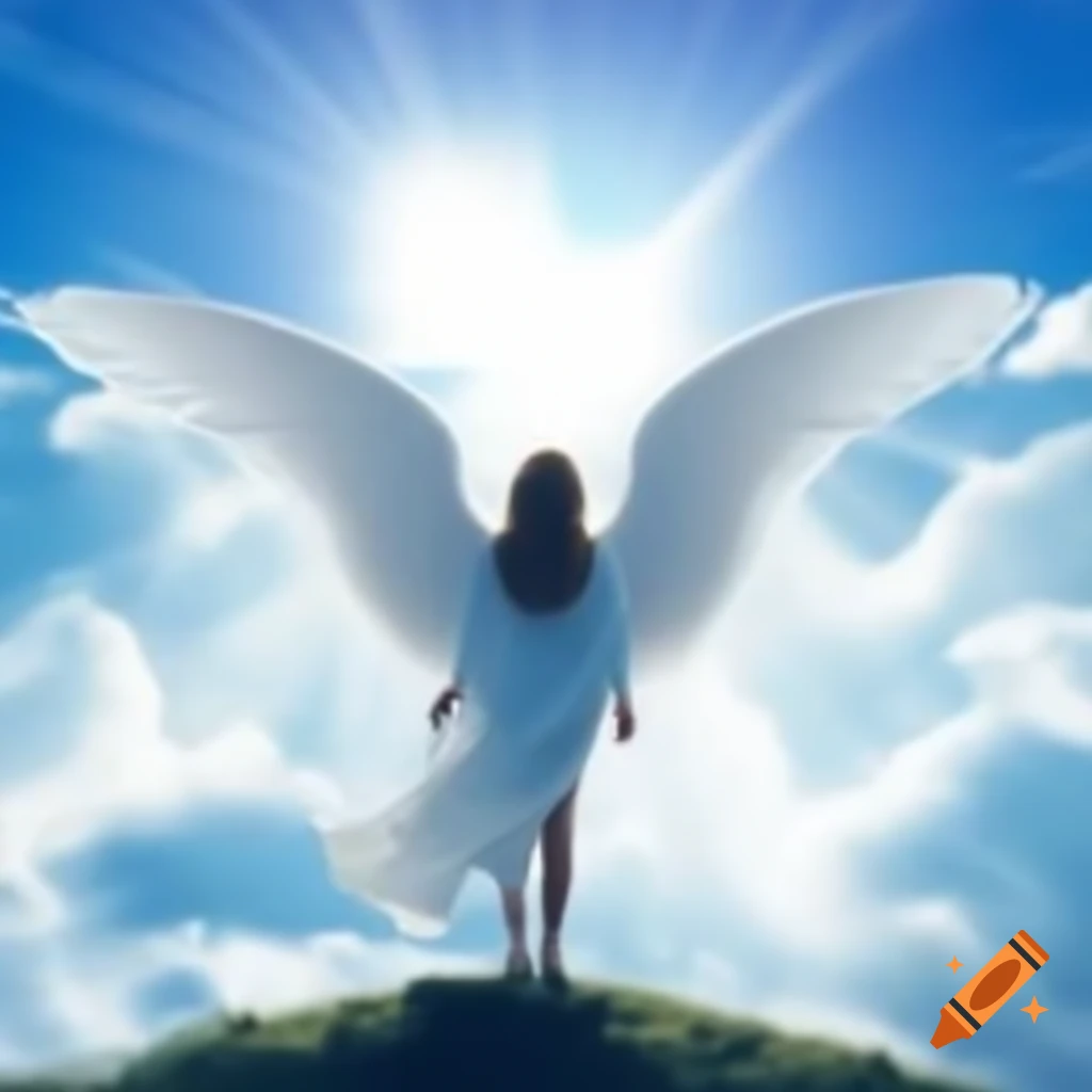 Angel standing in sunlight looking up at sky on Craiyon